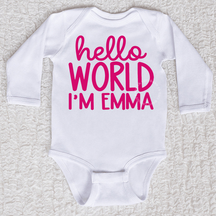 Personalized Hello World Baby Girl Bodysuit | Oh Silly Baby